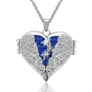 Heart Crystal Urn Necklace for Ashes A Piece Of My Heart Lives In Heaven Cremation Jewelry Angel Wings Memorial Keepsake Pendant (Blue)