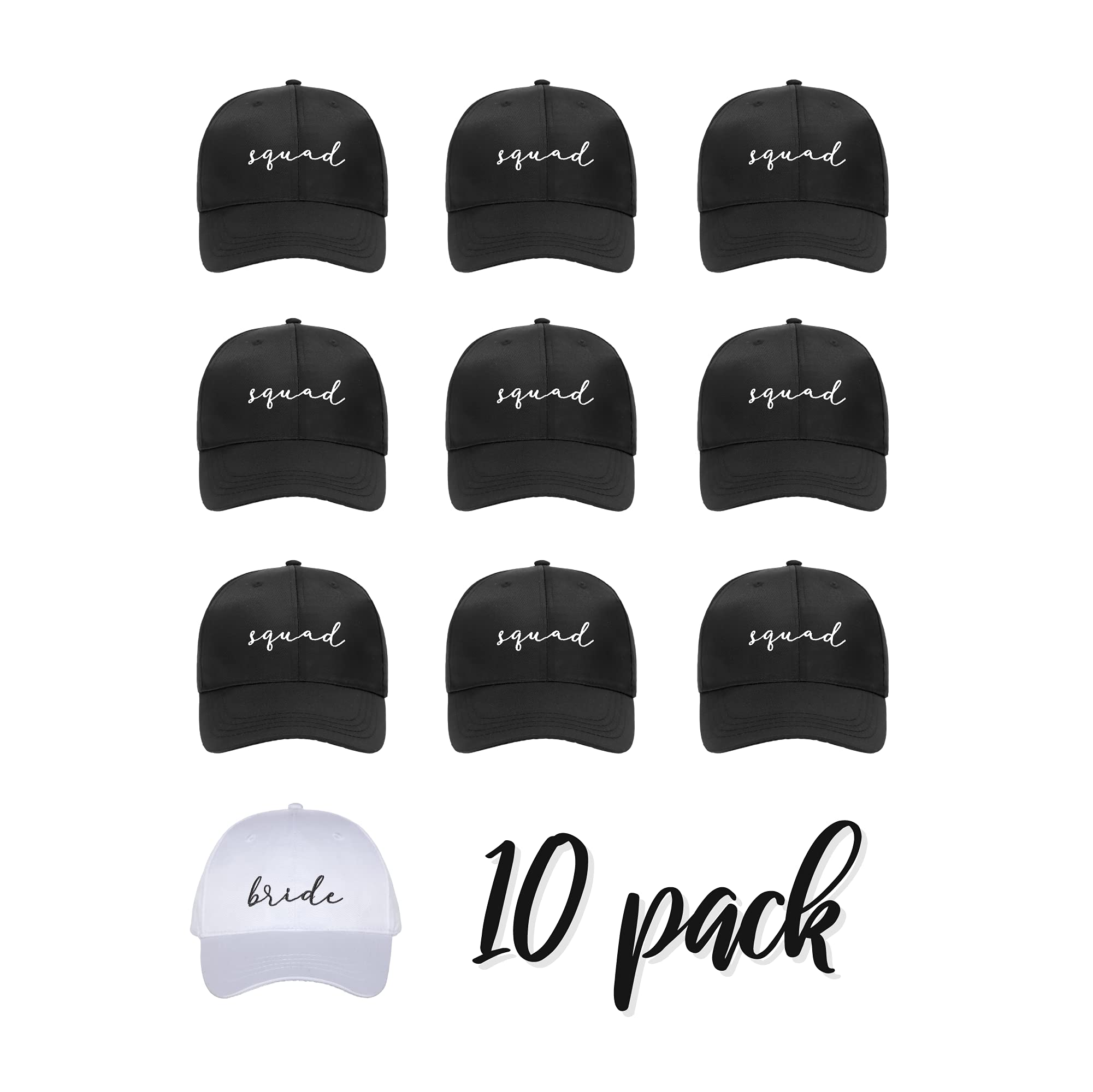 Pop Fizz Designs Bachelorette Hats ( 10 Pack) 1 White Bride Hat | 9 Black Squad Hats I Bride Tribe Baseball Caps I Bachelorette Party Favors