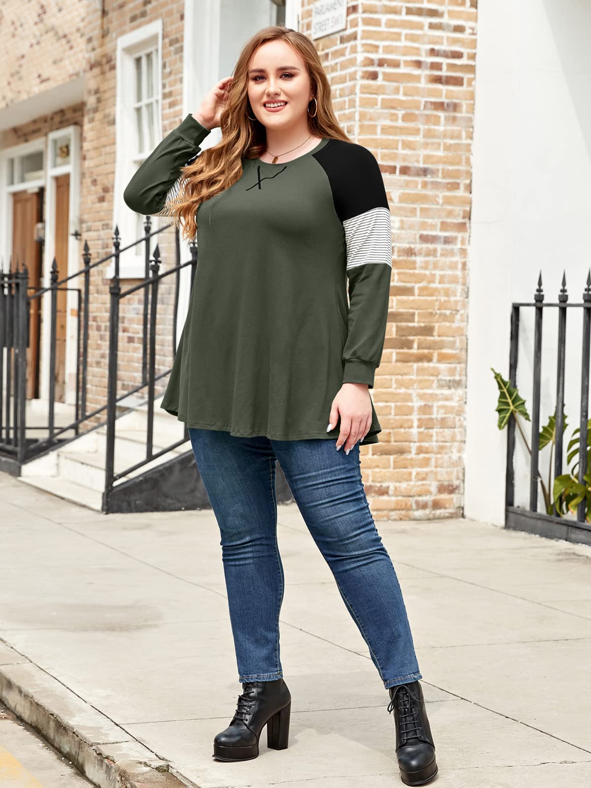 JollieLovin Crewneck Lightweight Sweatshirts for Women Plus Size Color Block Pullover Tops Long Sleeve Raglan Shirt ArmyGreen 3X