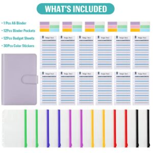 Budget Binder Organizer, A6 Cash System Planner for Money Receipts Budgeting,PU Leather Notebook,12 PCS Clear Cash Envelope,12 Expense Tracker Budget Sheets and 30 Colorful Blank Labels (Purple, A6)