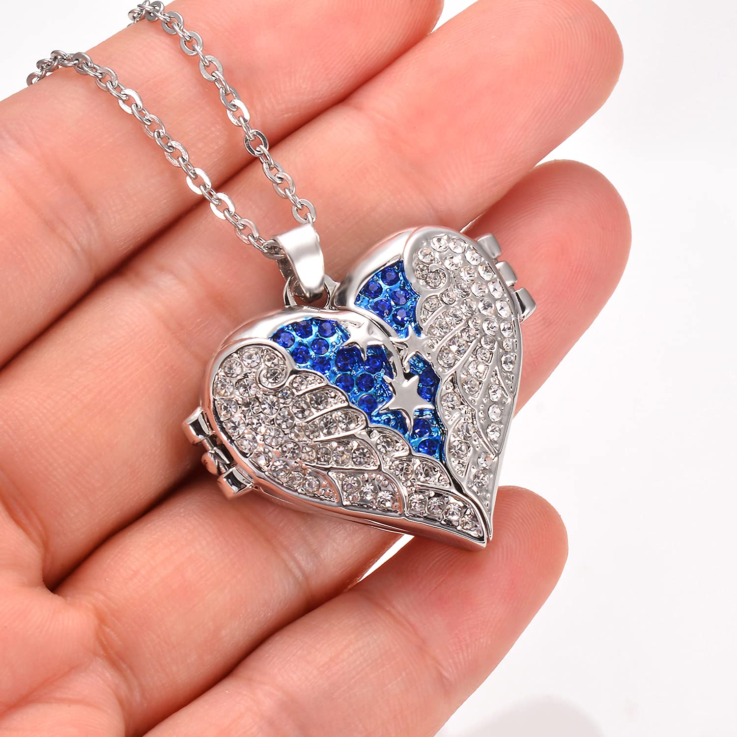 Heart Crystal Urn Necklace for Ashes A Piece Of My Heart Lives In Heaven Cremation Jewelry Angel Wings Memorial Keepsake Pendant (Blue)