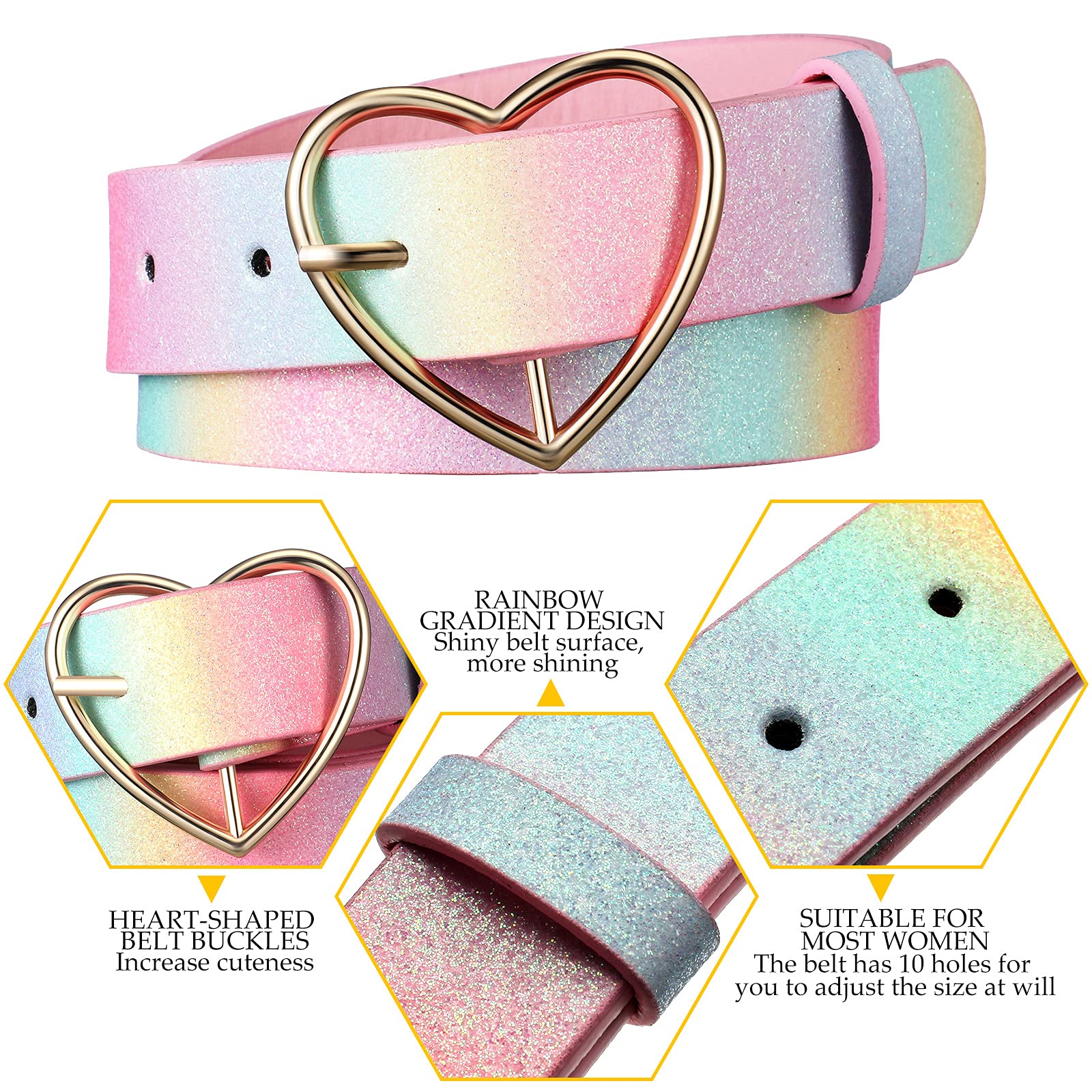 SATINIOR Rainbow Belt PU Leather Waist Belt Women Girls Glitter Belt with Heart Buckle Adjustable Shiny Dress Belt for Jeans Dress