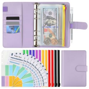 budget binder organizer, a6 cash system planner for money receipts budgeting,pu leather notebook,12 pcs clear cash envelope,12 expense tracker budget sheets and 30 colorful blank labels (purple, a6)