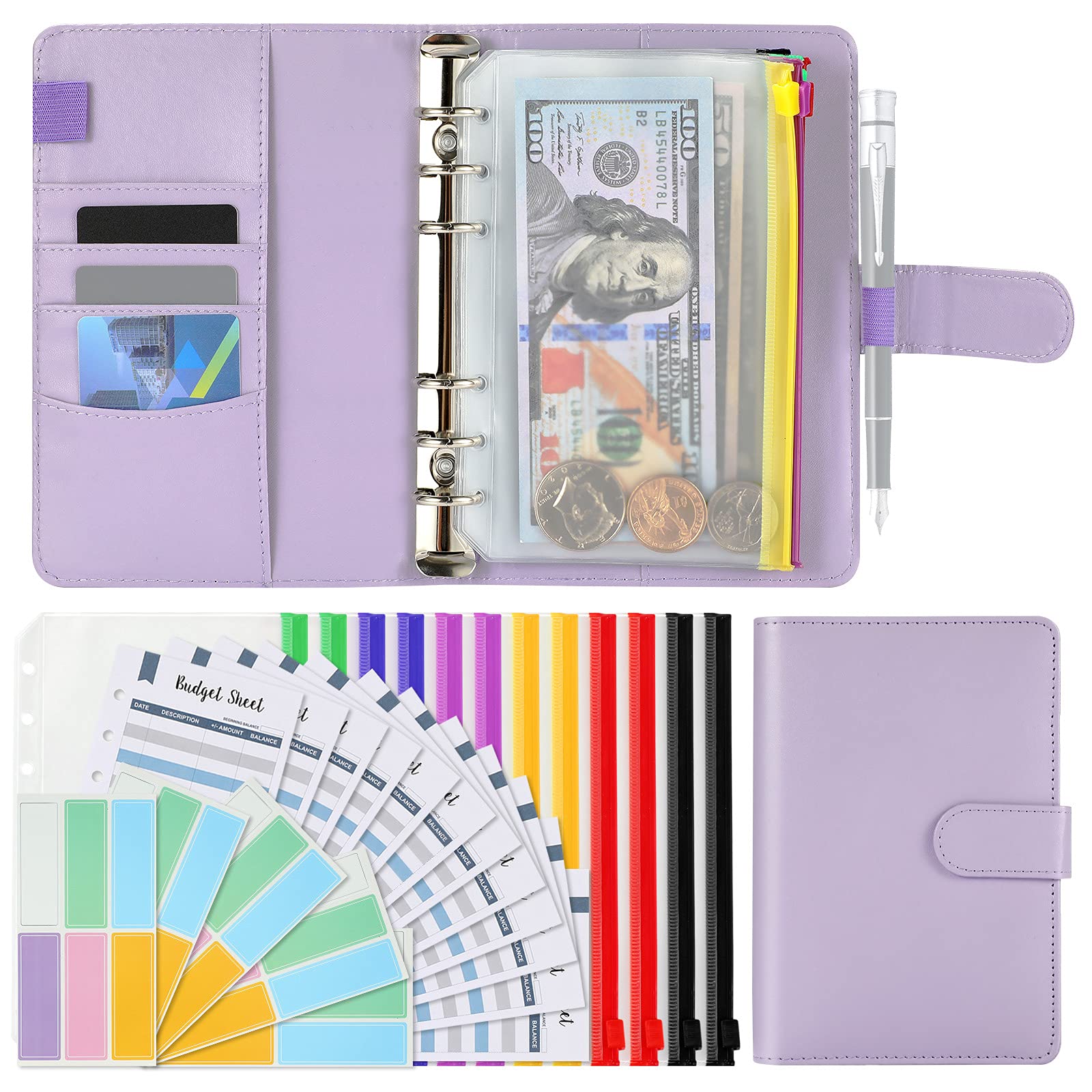 Budget Binder Organizer, A6 Cash System Planner for Money Receipts Budgeting,PU Leather Notebook,12 PCS Clear Cash Envelope,12 Expense Tracker Budget Sheets and 30 Colorful Blank Labels (Purple, A6)