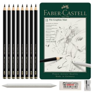 faber-castell pitt graphite matte pencil set, metal tin of 8 graphite pencils and sketching accessories (hb, 2b, 4b, 6b, 8b, 10b, 12b, 14b), pencil sharpener, eraser and blending stump