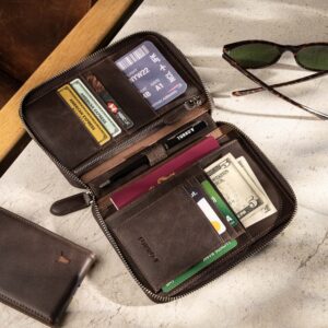 TORRO Travel Wallet – Genuine Leather Travel Organiser with Passport Holder and Detachable Cardholder (Dark Brown)