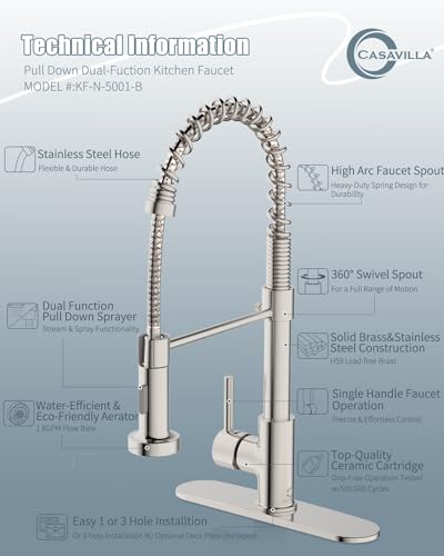 Casavilla Kitchen Faucet Set, Commercial Kitchen Sink Faucets with Pull Down Sprayer and Soap Dispenser, Stainless Steel Faucets for Kitchen Sinks, Single Handle Spring Kitchen Faucets with Deck Plate