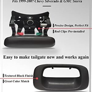 SYOAUTO Tailgate Handle Latch and Bezel Trim with Rod Clips Fits for 1999-2007 Chevy Silverado GMC Sierra 1500 2500 3500 Black Textured Replaces# 15997911, 15228539, 15228541, 15228540