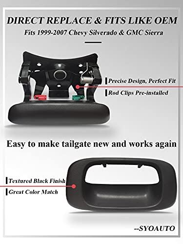 SYOAUTO Tailgate Handle Latch and Bezel Trim with Rod Clips Fits for 1999-2007 Chevy Silverado GMC Sierra 1500 2500 3500 Black Textured Replaces# 15997911, 15228539, 15228541, 15228540