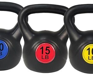 Signature Fitness Wide Grip Kettlebell Exercise Fitness Weight, Set of 3, Includes 10 lbs, 15 lbs, 20 lbs, Multicolor