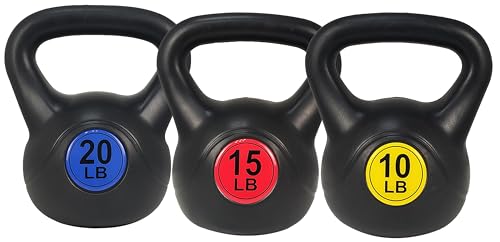 Signature Fitness Wide Grip Kettlebell Exercise Fitness Weight, Set of 3, Includes 10 lbs, 15 lbs, 20 lbs, Multicolor