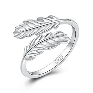 hioed 925 sterling silver feather inspirational jewelry ring adjustable dainty wrap open rings for women