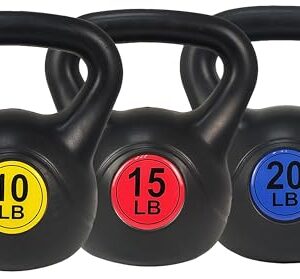 Signature Fitness Wide Grip Kettlebell Exercise Fitness Weight, Set of 3, Includes 10 lbs, 15 lbs, 20 lbs, Multicolor