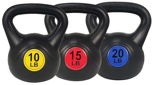 Signature Fitness Wide Grip Kettlebell Exercise Fitness Weight, Set of 3, Includes 10 lbs, 15 lbs, 20 lbs, Multicolor