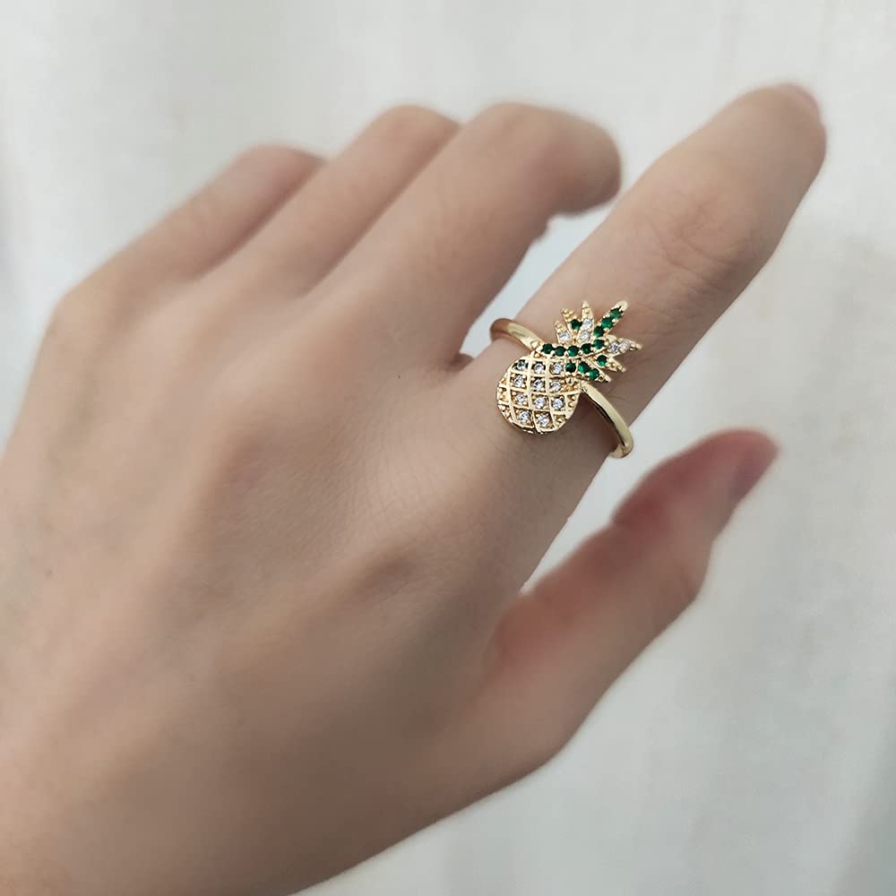 Cute Pineapple Cubic Zirconia Statement Rings for Women Girls Teen Thin Band Stacking Finger Expandable Open Adjustable Size Gold Plated Elegant Sparkly Dainty Fashion Fruit Jewelry Wedding Promise