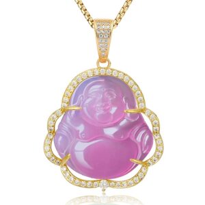 asgift amethyst laughing buddha necklaces dainty purple quartz buddha pendant with 18k gold plated chain crystal buddah neckless jewelry birthday christmas gift for women girls (20 inches)