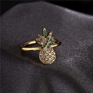 Cute Pineapple Cubic Zirconia Statement Rings for Women Girls Teen Thin Band Stacking Finger Expandable Open Adjustable Size Gold Plated Elegant Sparkly Dainty Fashion Fruit Jewelry Wedding Promise