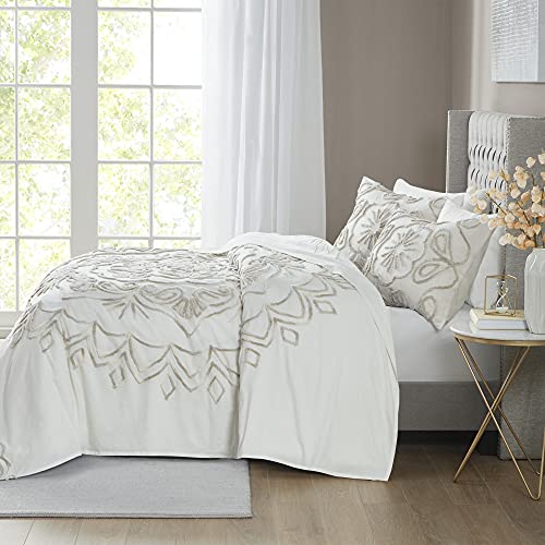 Madison Park Violette Lightweight 100% Cotton Quilt Set, Breathable Chenille Tufted, Shabby Chic Boho Medallion Design, Sham, Ivory/Taupe, Coverlet King/California King (104 in x 92 in) 3 Piece