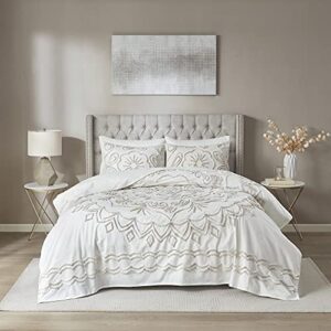 madison park violette lightweight 100% cotton quilt set, breathable chenille tufted, shabby chic boho medallion design, sham, ivory/taupe, coverlet king/california king (104 in x 92 in) 3 piece