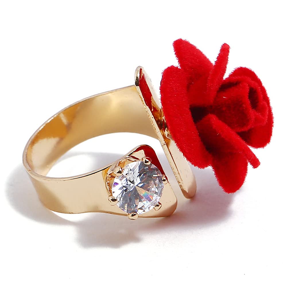 Dtja CZ Flower Wedding Ring for Women Statement Engagement Round Rhinstone Suede Rose Adjustable Open Band Finger Rings Comfort Fit Cocktail Party Vintage Y2K Jewelry Gift (Red)