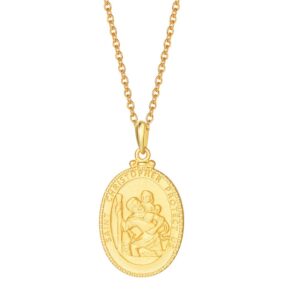 fancime saint christopher pendant 925 sterling silver yellow gold plated round coin medal necklace jewelry gift for women, 16" + 2" chain with lobster clasp