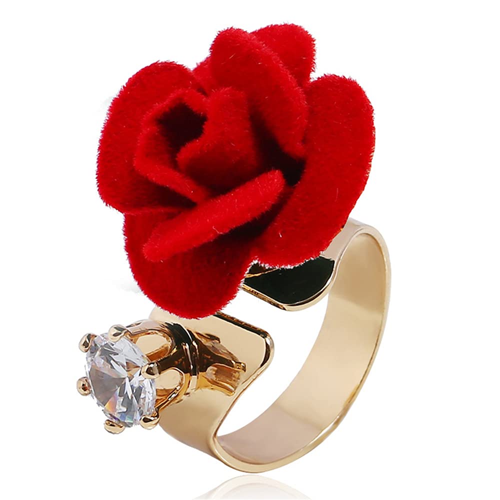 Dtja CZ Flower Wedding Ring for Women Statement Engagement Round Rhinstone Suede Rose Adjustable Open Band Finger Rings Comfort Fit Cocktail Party Vintage Y2K Jewelry Gift (Red)