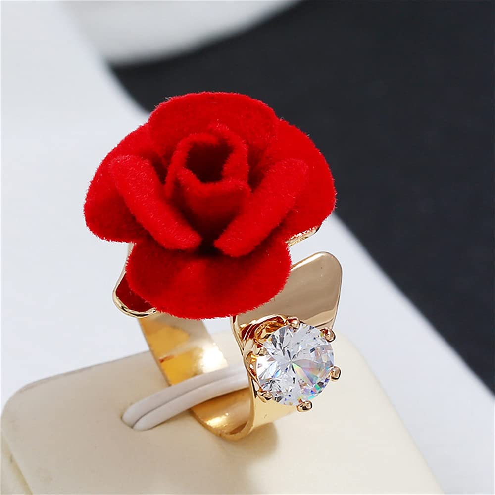 Dtja CZ Flower Wedding Ring for Women Statement Engagement Round Rhinstone Suede Rose Adjustable Open Band Finger Rings Comfort Fit Cocktail Party Vintage Y2K Jewelry Gift (Red)