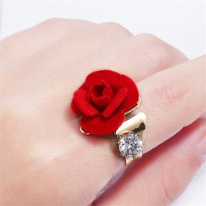 Dtja CZ Flower Wedding Ring for Women Statement Engagement Round Rhinstone Suede Rose Adjustable Open Band Finger Rings Comfort Fit Cocktail Party Vintage Y2K Jewelry Gift (Red)