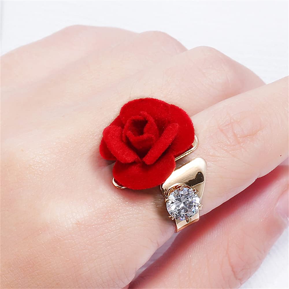 Dtja CZ Flower Wedding Ring for Women Statement Engagement Round Rhinstone Suede Rose Adjustable Open Band Finger Rings Comfort Fit Cocktail Party Vintage Y2K Jewelry Gift (Red)