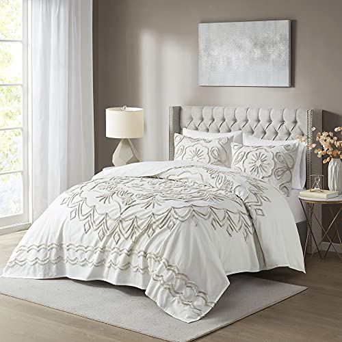 Madison Park Violette Lightweight 100% Cotton Quilt Set, Breathable Chenille Tufted, Shabby Chic Boho Medallion Design, Sham, Ivory/Taupe, Coverlet King/California King (104 in x 92 in) 3 Piece