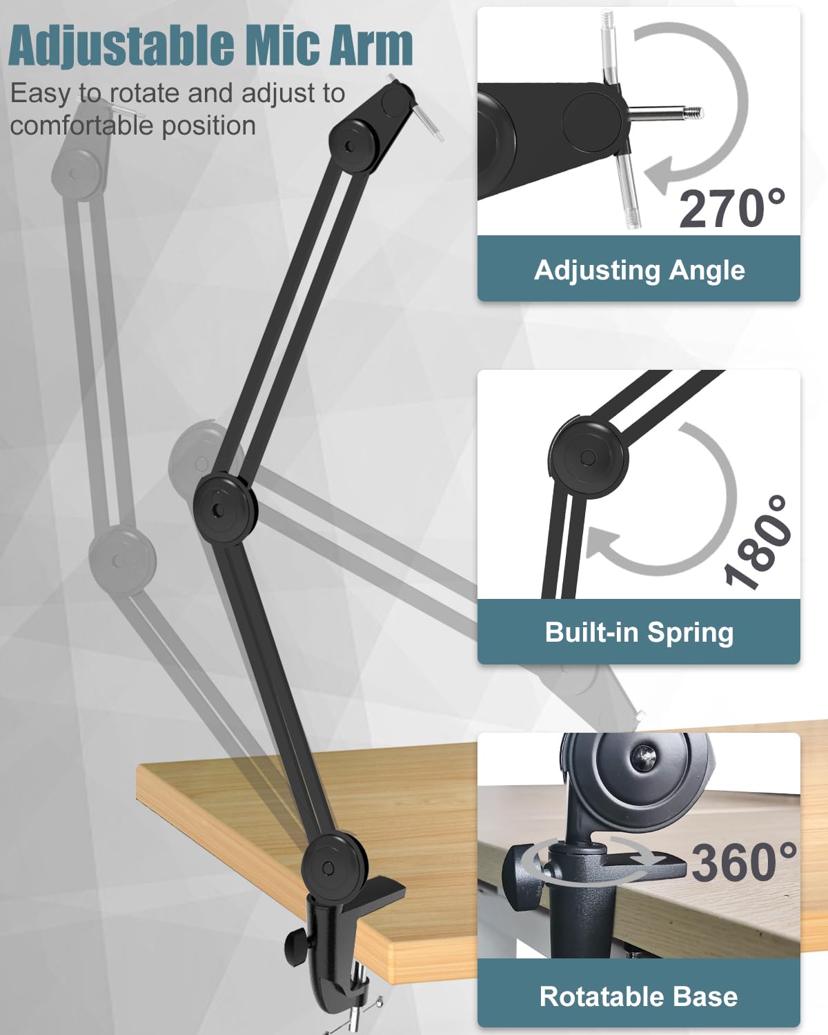 Boseen Microphone Boom Arm Stand for Blue Yeti with Shock Mount Foam Cover, Heavy Duty Boom Scissor Arm Stand for Blue Yeti, Broadcasting and Recording