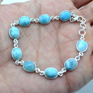 DESIGN HUB Blue Larimar Stone Bracelets 925 Silver Overlay For Women Girl Gifts - Gemstone Adjustable 7.5" Oval Cabochon Link Bracelets Christmas Gifts For Her (Bracelet Style 1)