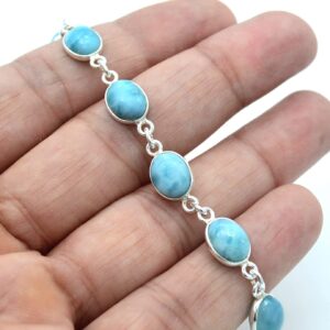 DESIGN HUB Blue Larimar Stone Bracelets 925 Silver Overlay For Women Girl Gifts - Gemstone Adjustable 7.5" Oval Cabochon Link Bracelets Christmas Gifts For Her (Bracelet Style 1)