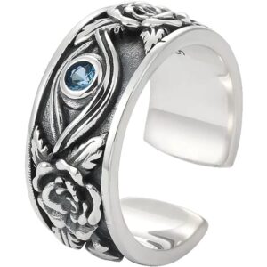 vintage punk blue cz eye of horus engrave rose flower round band ring for men womens silver plated crystal protection jewelry cool adjustable finger ring tail for him her dainty birthday boyfriends