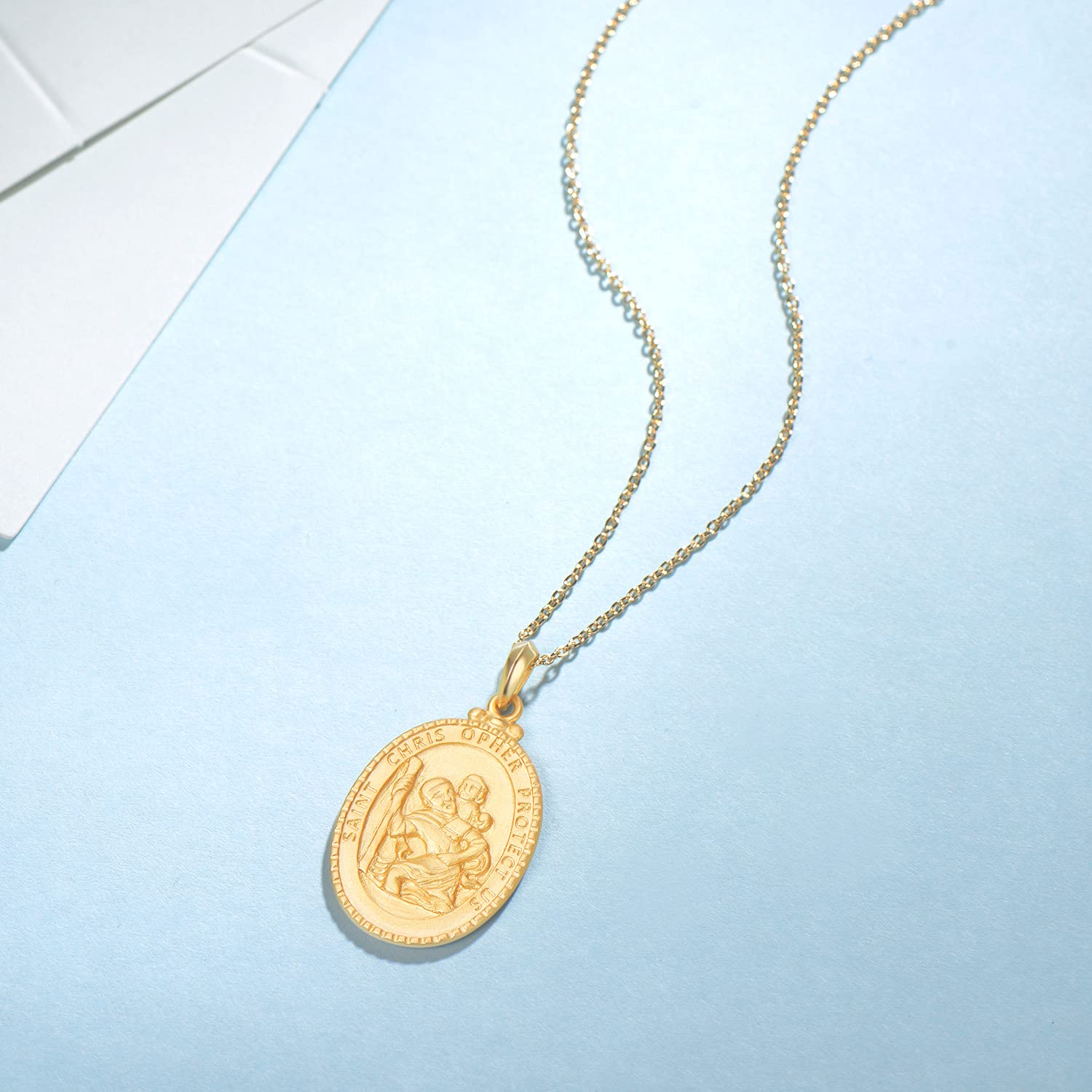 FANCIME Saint Christopher Pendant 925 Sterling Silver Yellow Gold Plated Round Coin Medal Necklace Jewelry Gift for Women, 16" + 2" Chain with Lobster Clasp