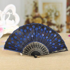 DUO ER Folding Fans Peacock Feather Print Chinese Style Dance Wedding Hand Fan Lace Folding Held Flower Fans (Color : Blue)