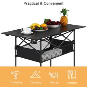 Vrisa Camping Table with Storage Outdoor Cooking Table Folding Table for Parties Bar Height Portable Camping Table with Mesh Basket & Carrying Bag for Camping Kitchen Picnic BBQ Party