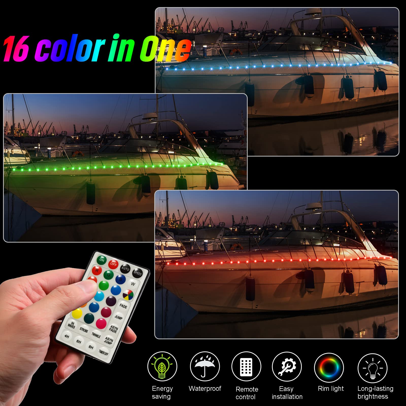 LED Boat Strip Lights, 16.4Ft Remote Control Boat Lights, 16 Color Change, Waterproof Boat Interior Light, Boat Deck Light, Bright at Night, Good for Pontoon Boat, Bass Boat, Fishing Boat,Yacht,Vessel