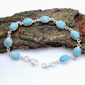 DESIGN HUB Blue Larimar Stone Bracelets 925 Silver Overlay For Women Girl Gifts - Gemstone Adjustable 7.5" Oval Cabochon Link Bracelets Christmas Gifts For Her (Bracelet Style 1)