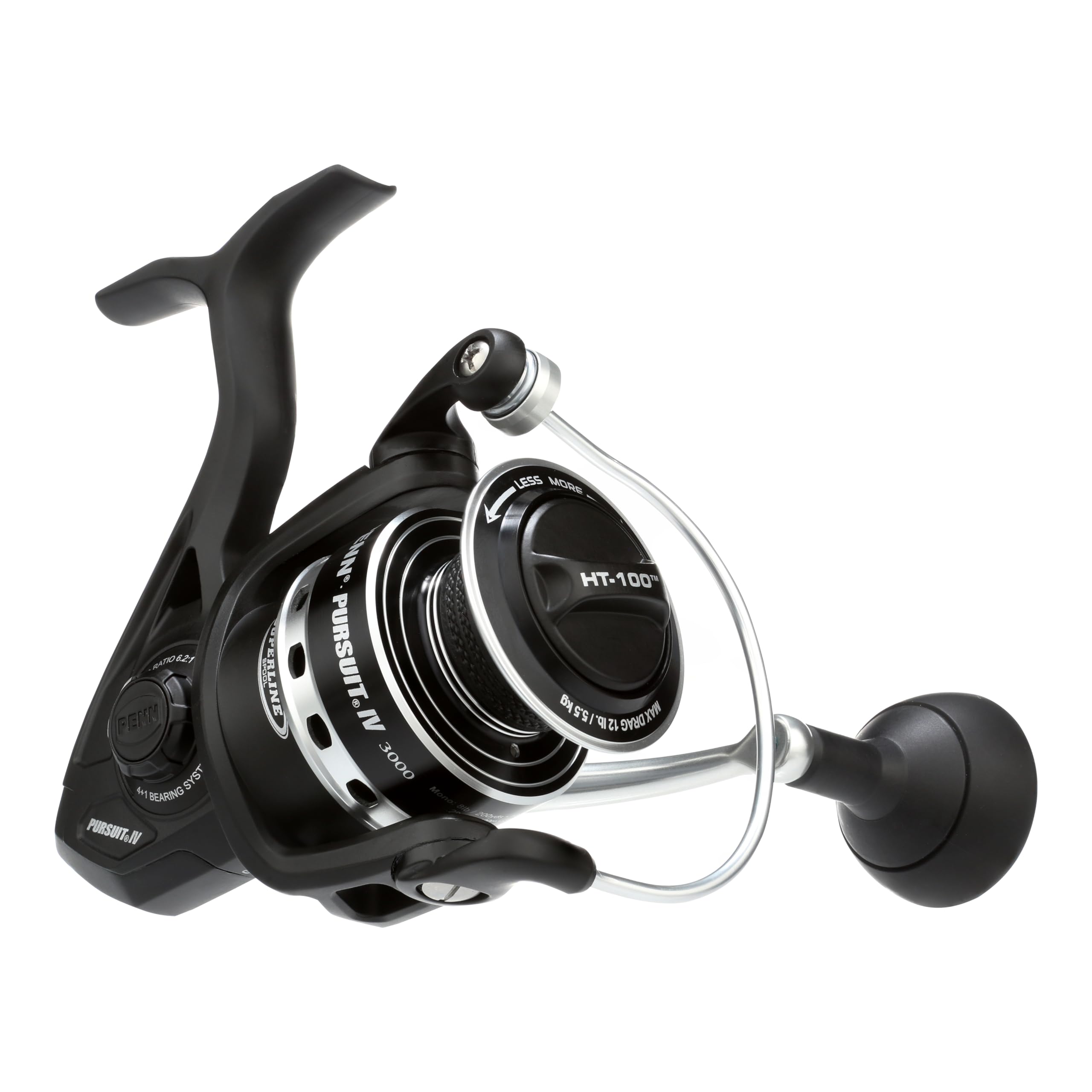 PENN Pursuit IV Inshore Spinning Fishing Reel, Size 4000, HT-100 Front Drag, Max of 15lb, 5 Sealed Stainless Steel Ball Bearing System, Built with Carbon Fiber Drag Washers,Black/Silver