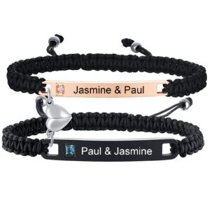 personalized custom his and hers handmade rope braided nameplate id matching couple bracelets for lover (black-rosegolden-black 5-7mm couple customize-heart)