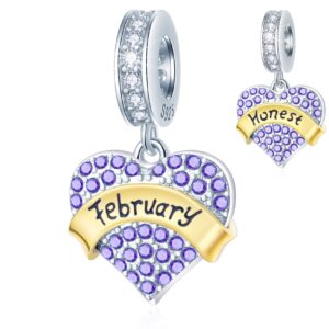 february birthstone is honest heart dangle charms, fits pandora valentines bracelet, amethyst purple cz love pendant beads in 925 sterling silver, gift for wife/sister/birthday