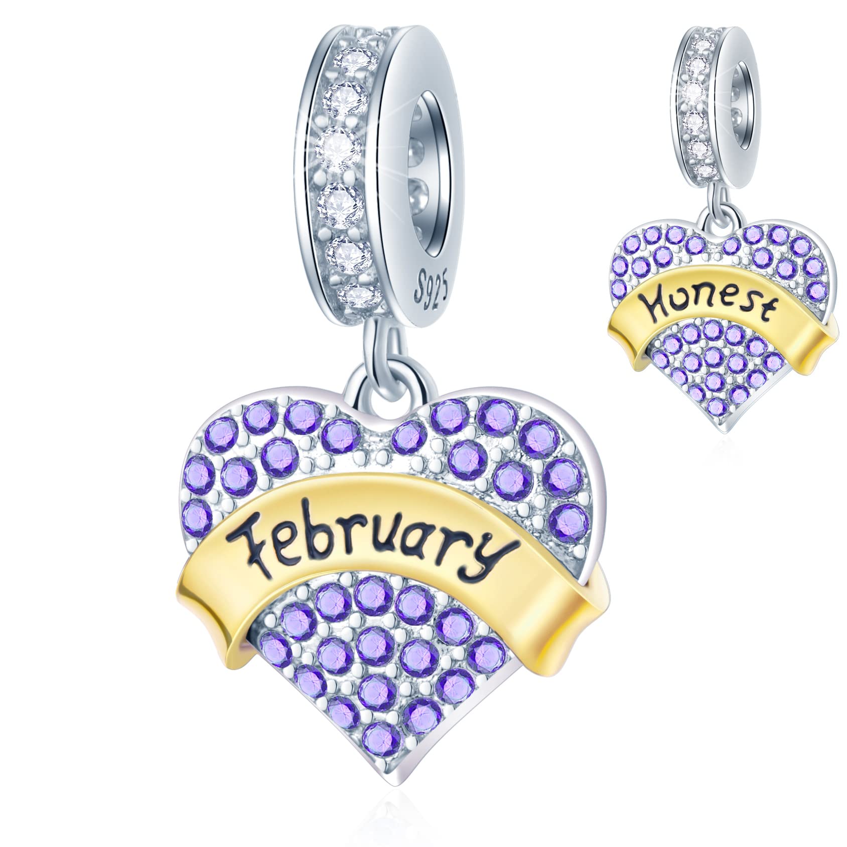 February Birthstone is Honest Heart Dangle Charms, fits Pandora Valentines Bracelet, Amethyst Purple CZ Love Pendant Beads in 925 Sterling Silver, Gift for Wife/Sister/Birthday