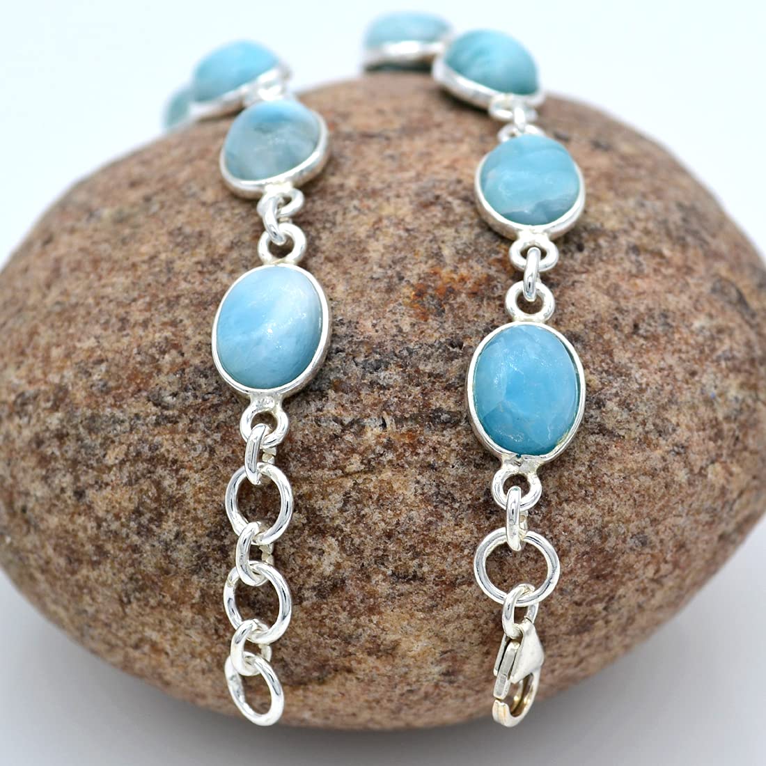 DESIGN HUB Blue Larimar Stone Bracelets 925 Silver Overlay For Women Girl Gifts - Gemstone Adjustable 7.5" Oval Cabochon Link Bracelets Christmas Gifts For Her (Bracelet Style 1)