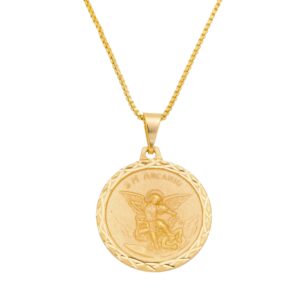 tudo jóias 18k unisex gold plated saint michael archangel medal pendant and box necklace 23.6 inches made in brazil