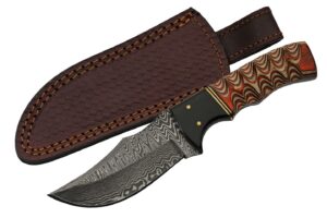 szco supplies 8" horn/twisted wood handle damascus steel upsweep skinning knife with sheath