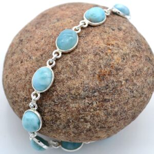 DESIGN HUB Blue Larimar Stone Bracelets 925 Silver Overlay For Women Girl Gifts - Gemstone Adjustable 7.5" Oval Cabochon Link Bracelets Christmas Gifts For Her (Bracelet Style 1)