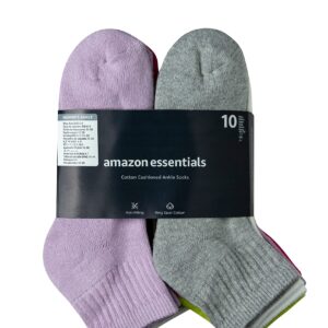 Amazon Essentials Women's Cotton Lightly Cushioned Ankle Socks, 10 Pairs, Pink/Grey/White, 8-12