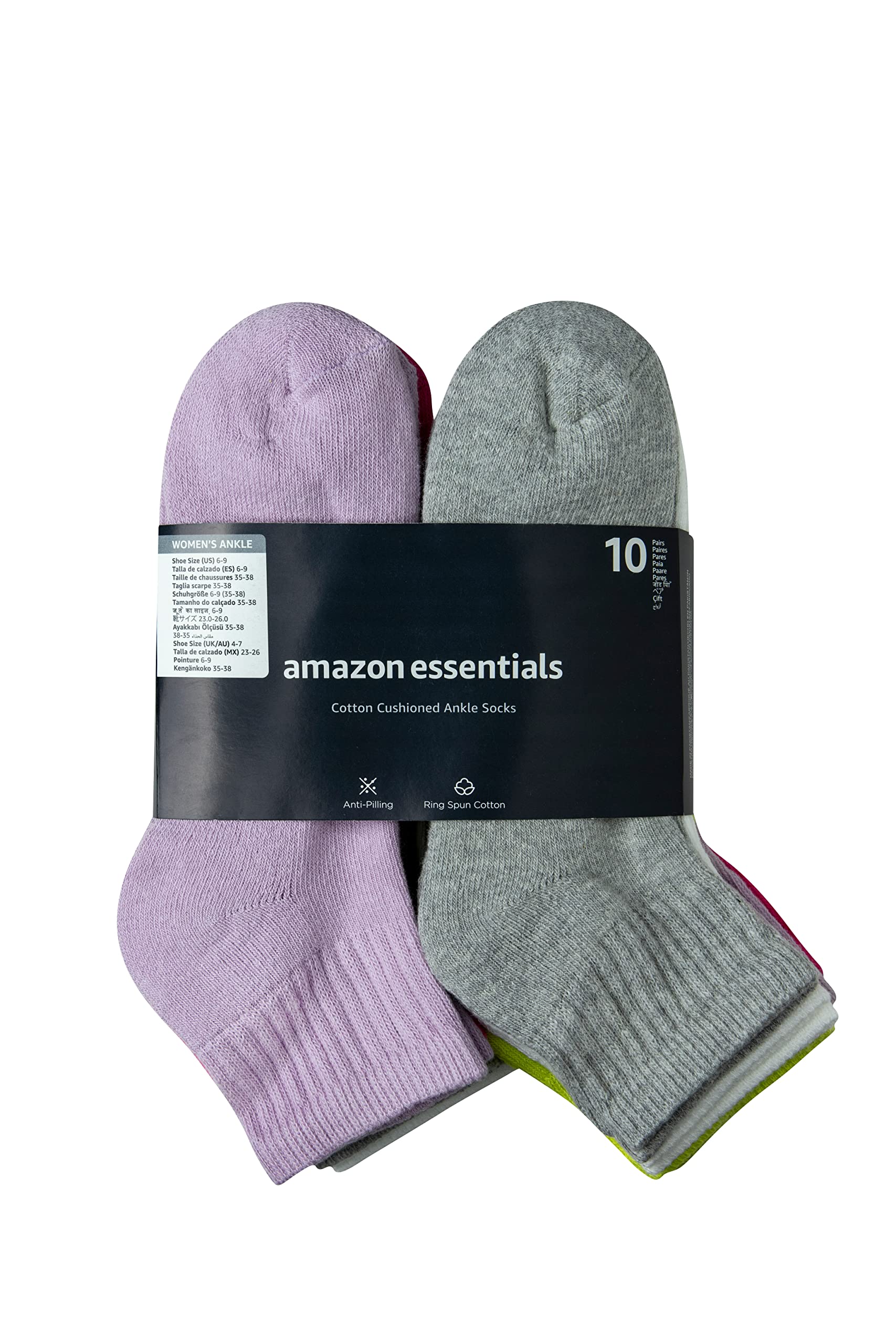 Amazon Essentials Women's Cotton Lightly Cushioned Ankle Socks, 10 Pairs, Pink/Grey/White, 8-12