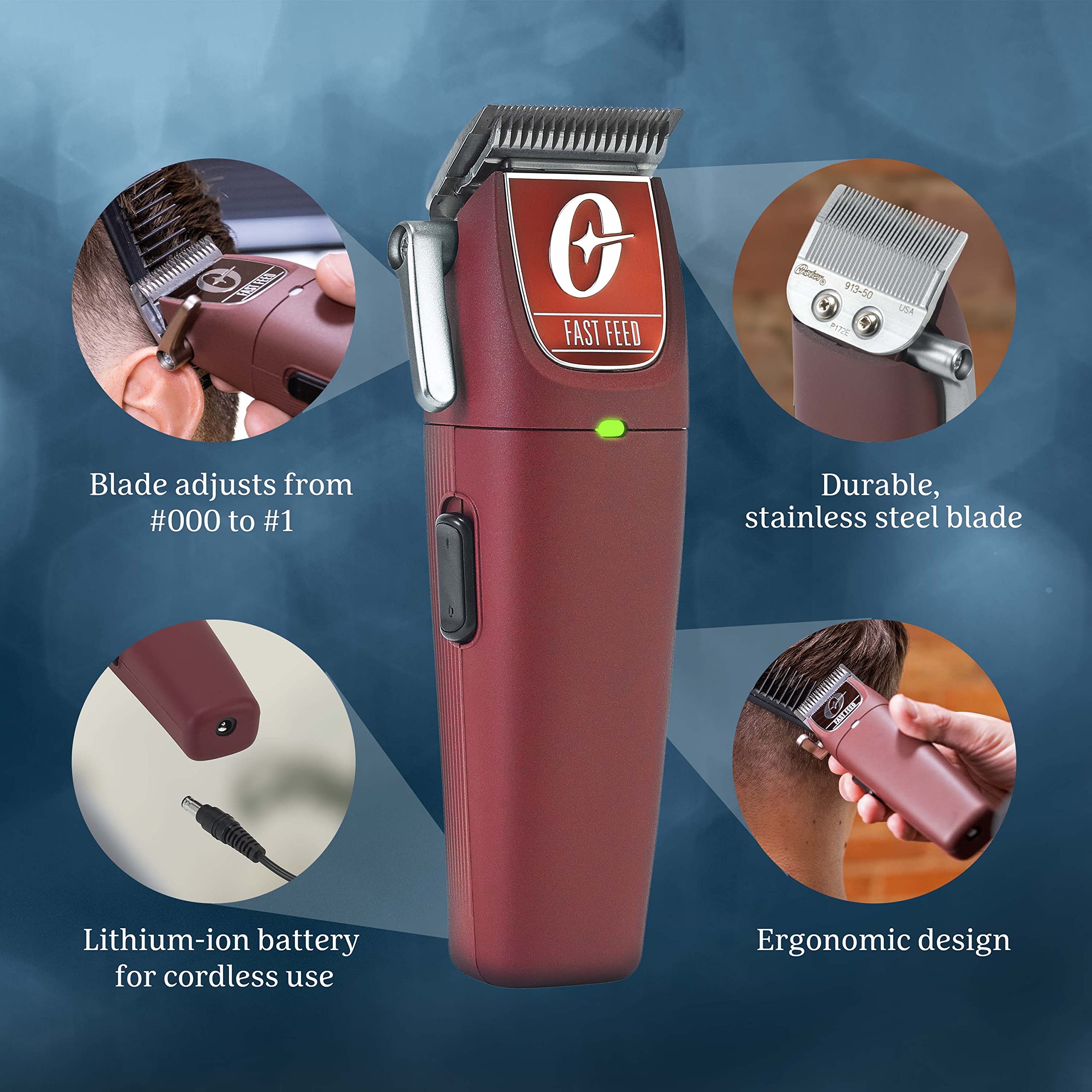 Oster Professional Cordless Hair Clippers, Fast Feed for Barbers and Hair Cutting with Detachable Blade, Burgundy